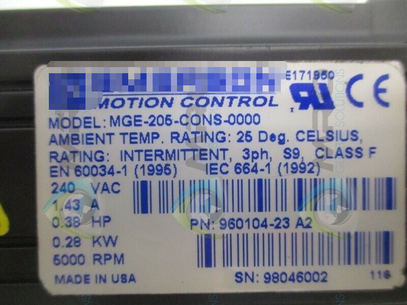 MGE-205-CONS-0000 서보 모터 1.43AMP 240VAC 0.38HP 6000RPM 산업적 서보 모터